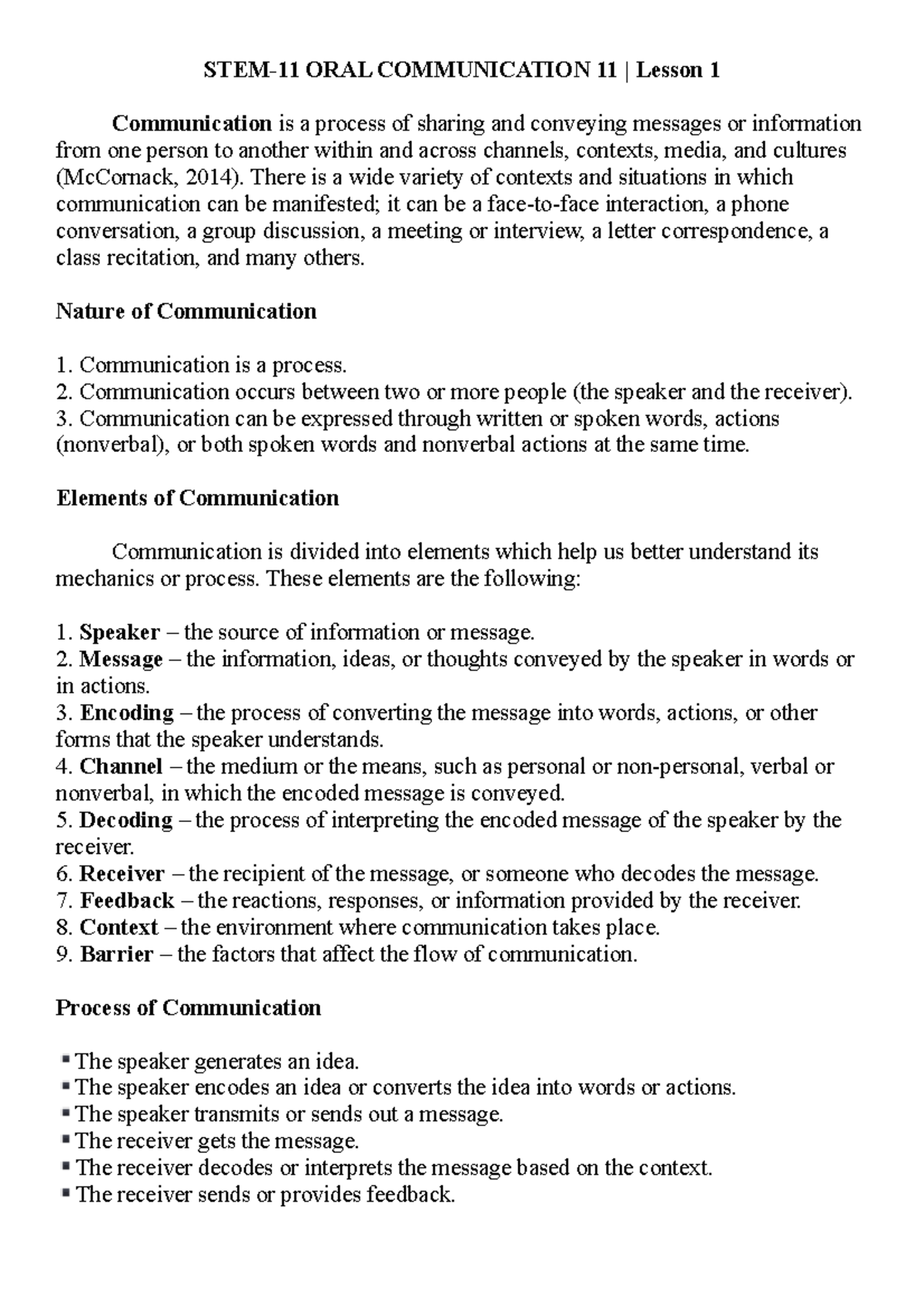 Oral com notes - STEM-11 ORAL COMMUNICATION 11 | Lesson 1 Communication ...