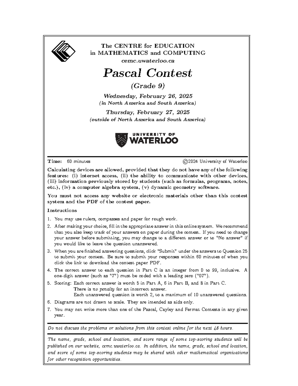 2025 Pascal Contest (Grade 9) Instructions and Scoring Guide - Studocu