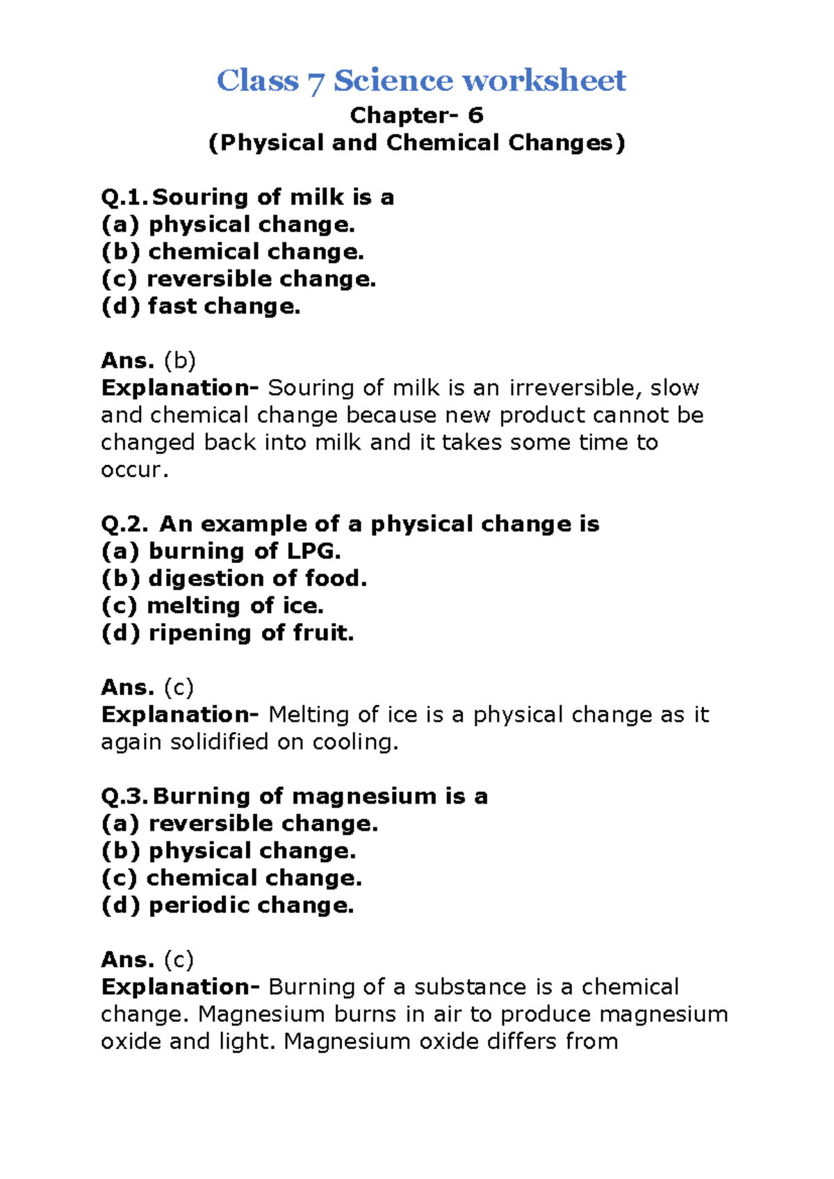 Class 7 Science Worksheet 6: Physical & Chemical Changes Explained ...