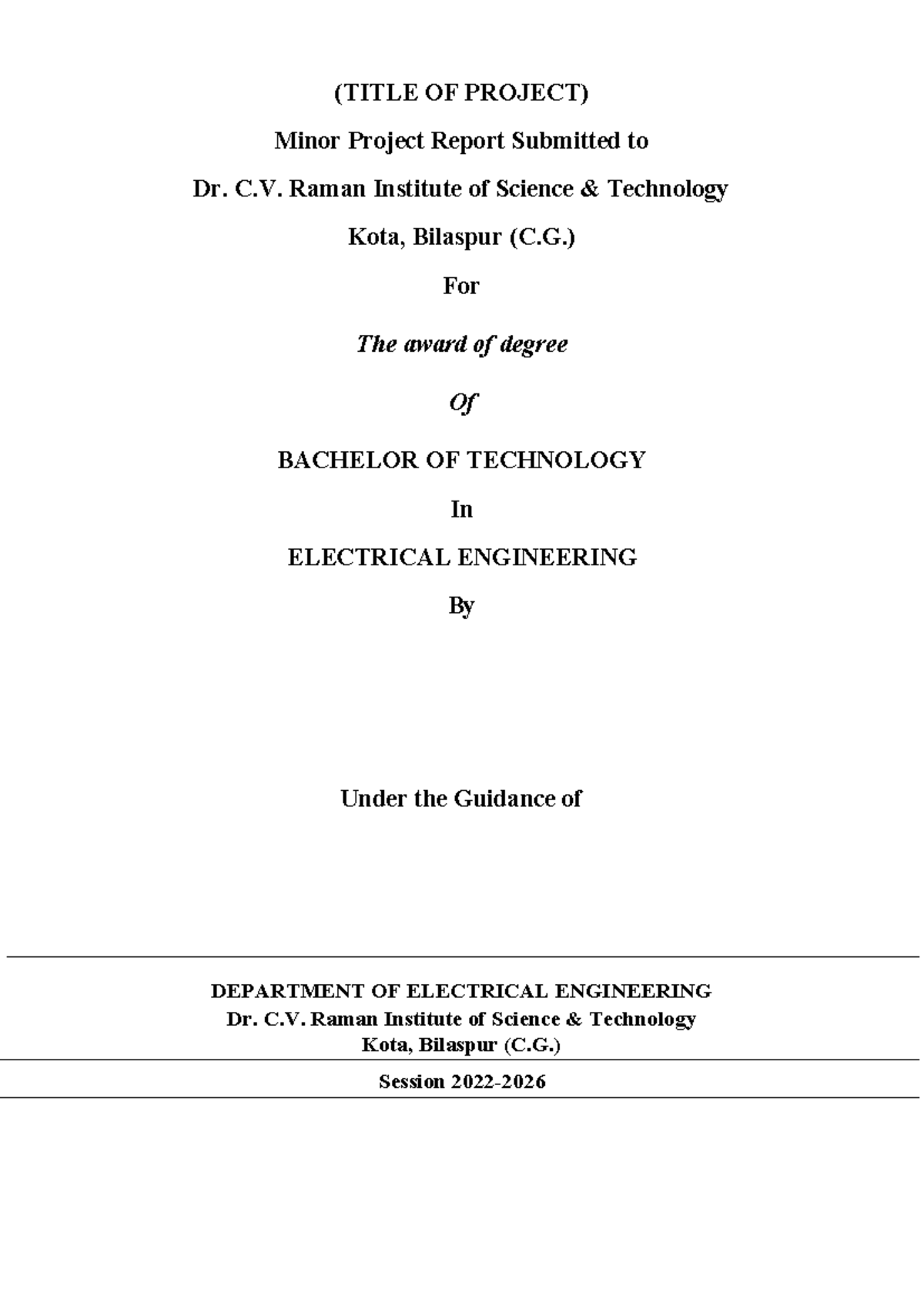 Minor Project Report for B.Tech in Electrical Engineering - Studocu