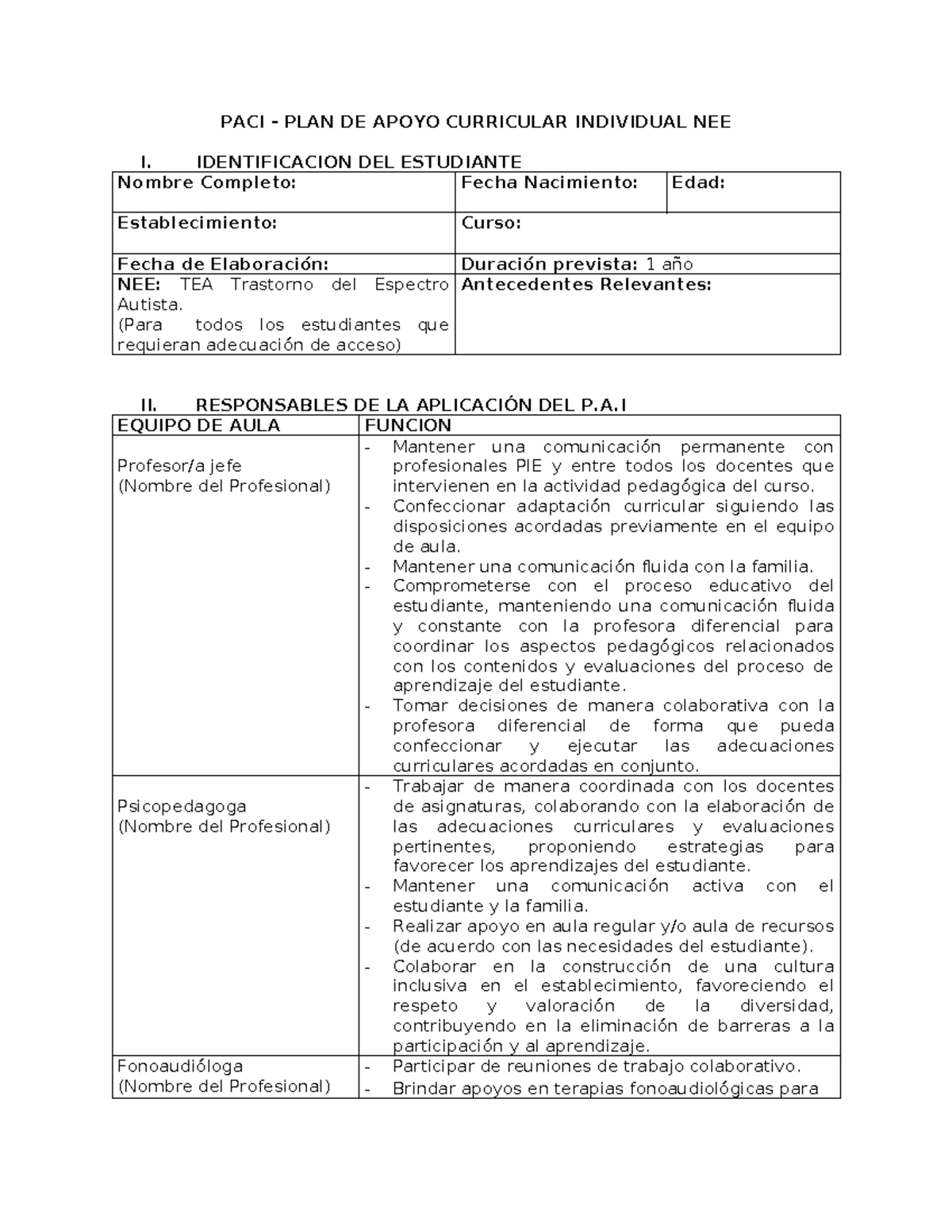 PACI - Modelo de Plan de Apoyo Curricular Individual para NEE - Studocu