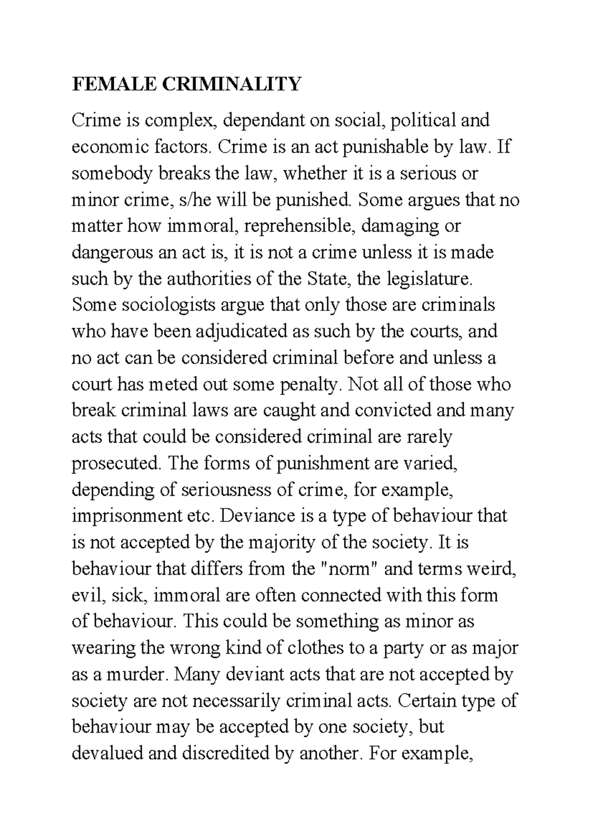 Final Exam Notes on Female Criminality - CSS101 - Studocu