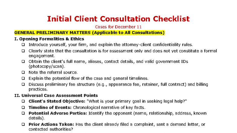Client Consultation Checklist for Legal Cases - Dec 11 - Studocu
