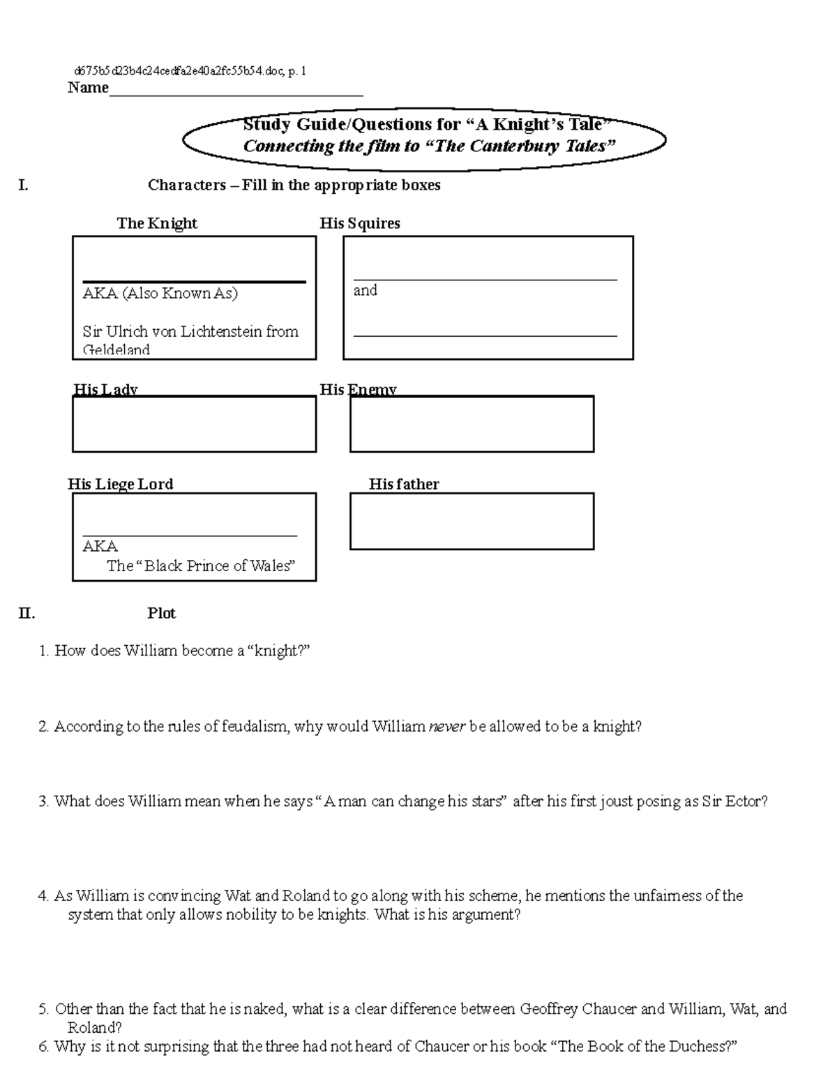 A Knight’s Tale Study Guide: Questions & Connections to Chaucer - Studocu