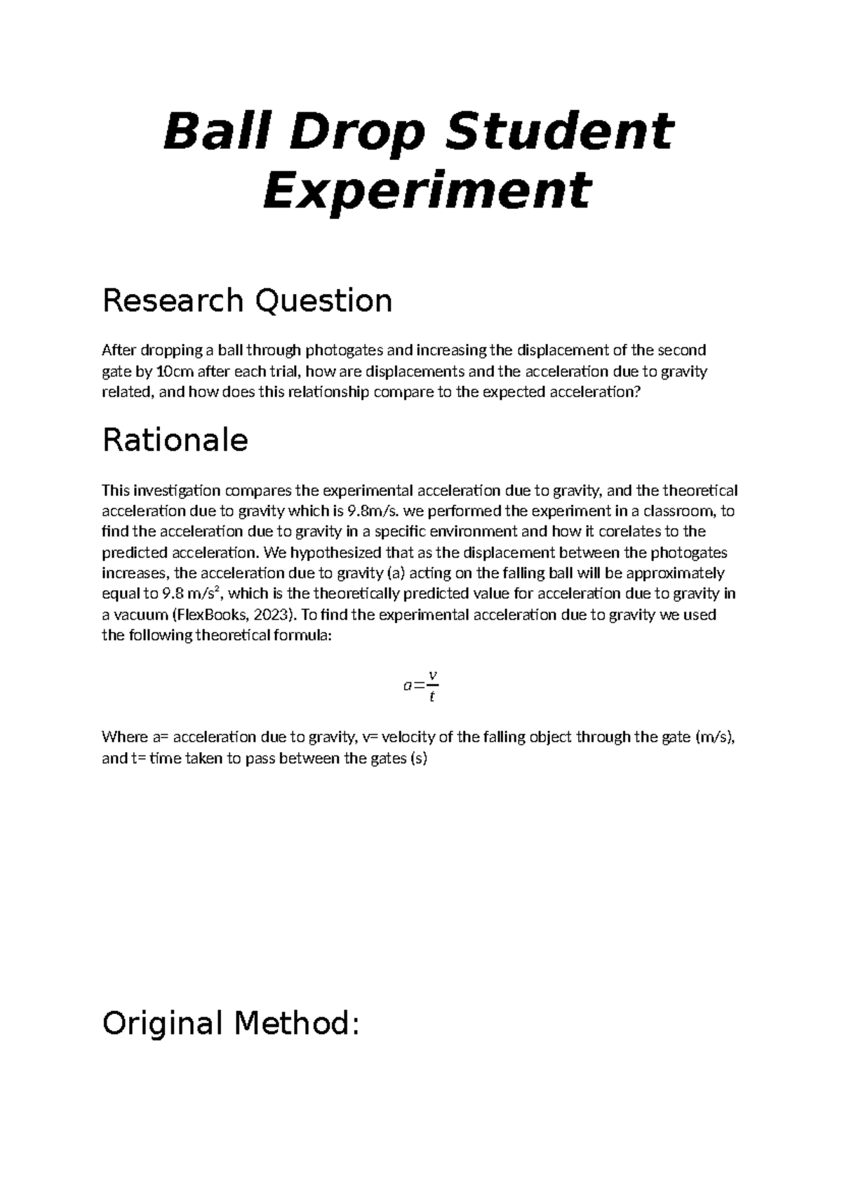IA1 Ball Drop Experiment: Analyzing Gravity Acceleration Discrepancies ...