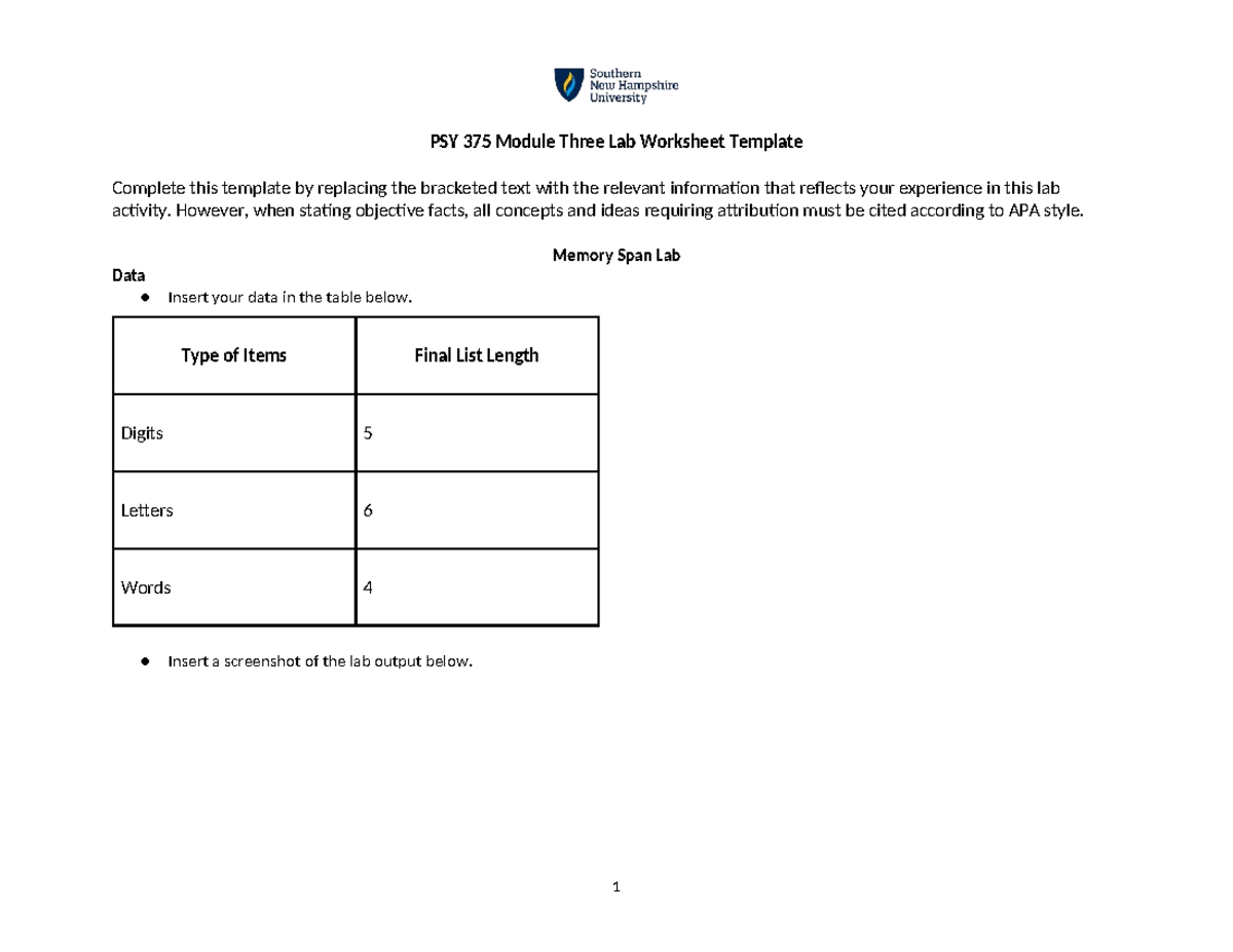PSY 375 Module Three Lab Worksheet: Data Memory & Mental Rotation - Studocu