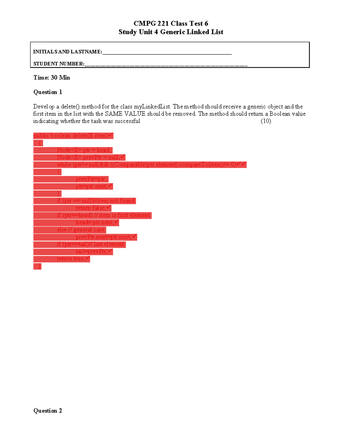 CMPG 221 Class Test 6: Study Unit 4 on Generic Linked List - Studocu