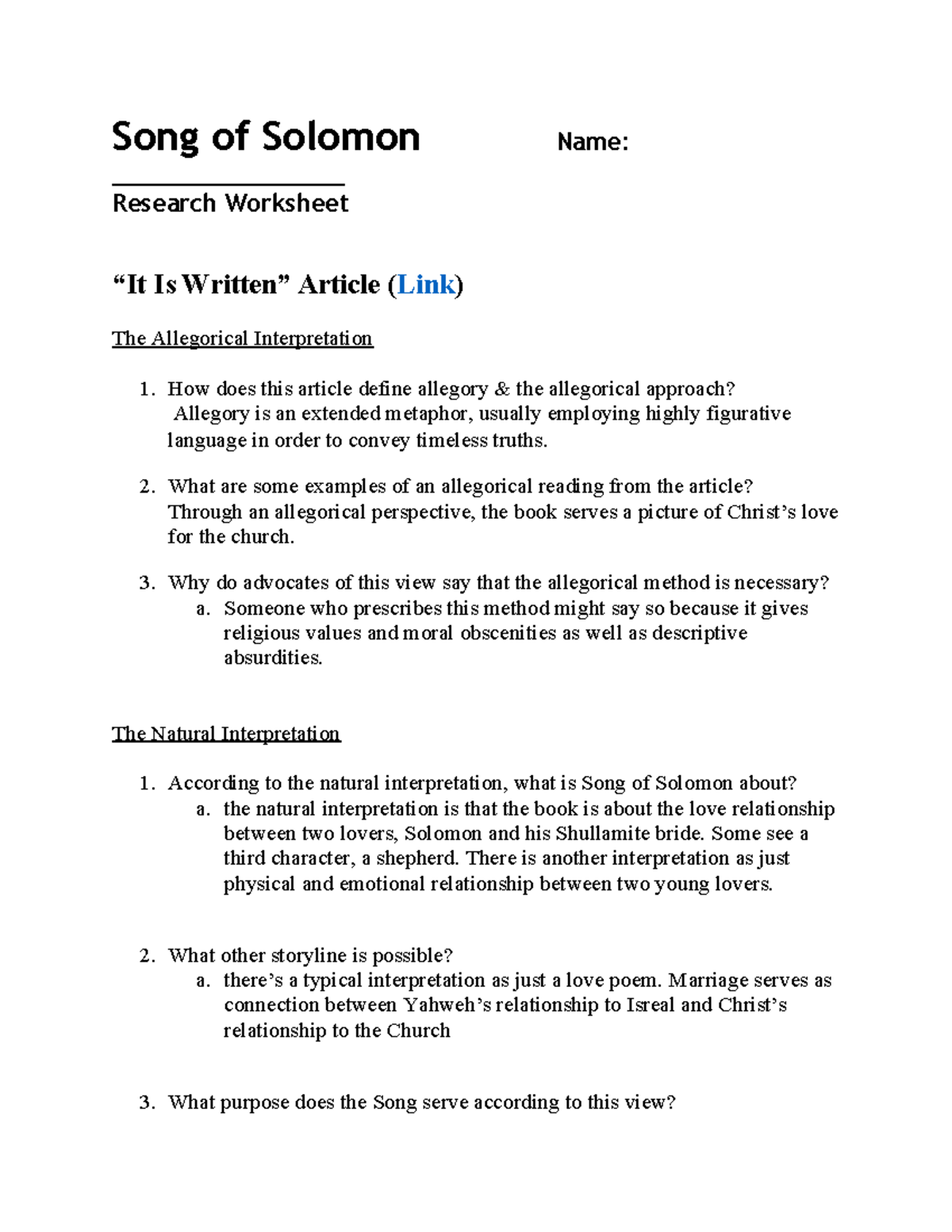 The Song of Solomon Research Worksheet - Song of Solomon Name ...
