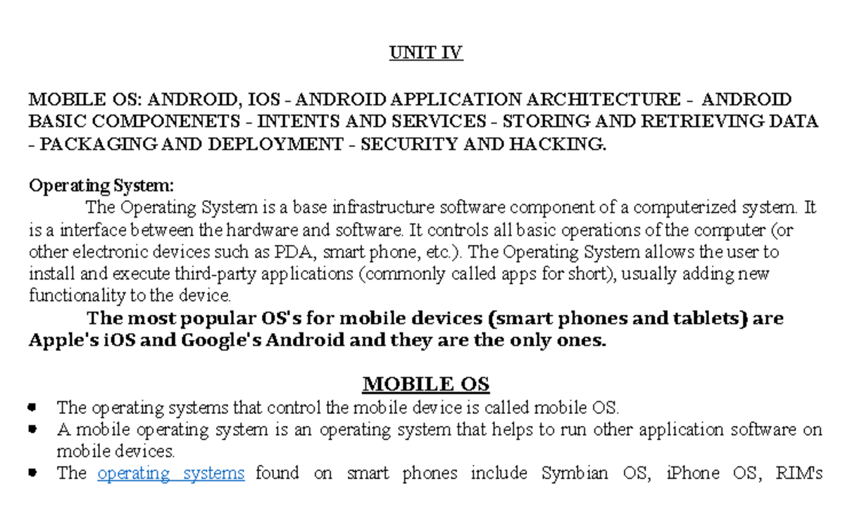 UNIT IV Notes - Mobile Application Development - UNIT IV MOBILE OS ...