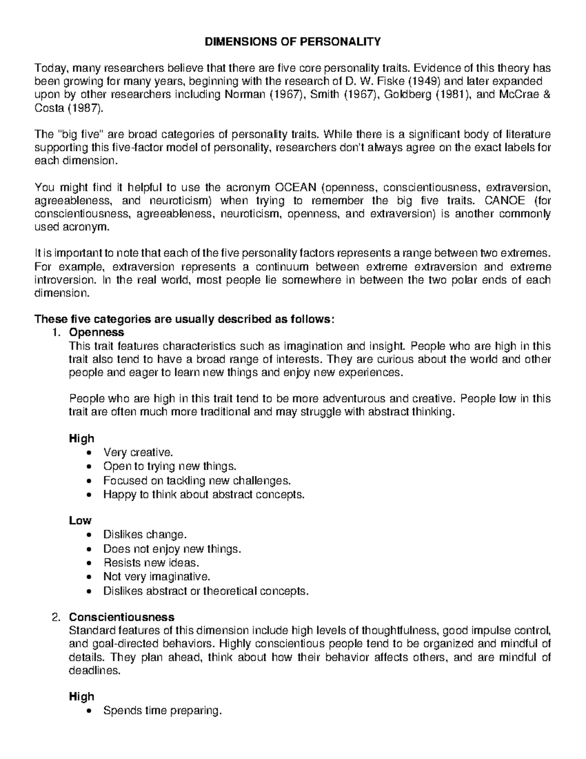 Psychology 101: Key Dimensions of Personality Traits Explained - Studocu