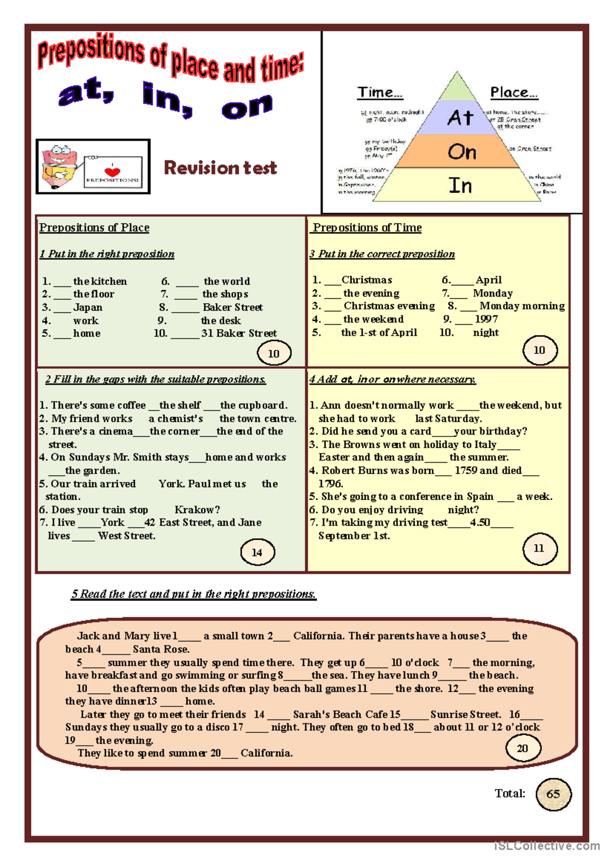 Prepositions of Place & Time Revision Test - Studocu