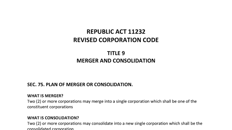 Discussions on Title 9: Merger & Consolidation (Rep. Act 11232) - Studocu