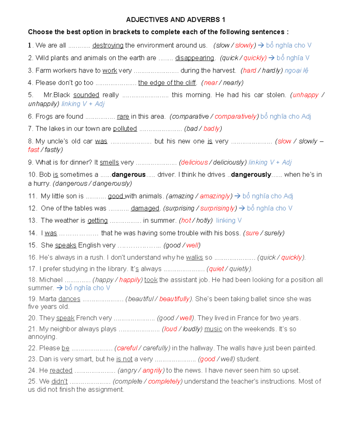 Adjectives and Adverbs Exercise 1: Choose the Best Option - Studocu