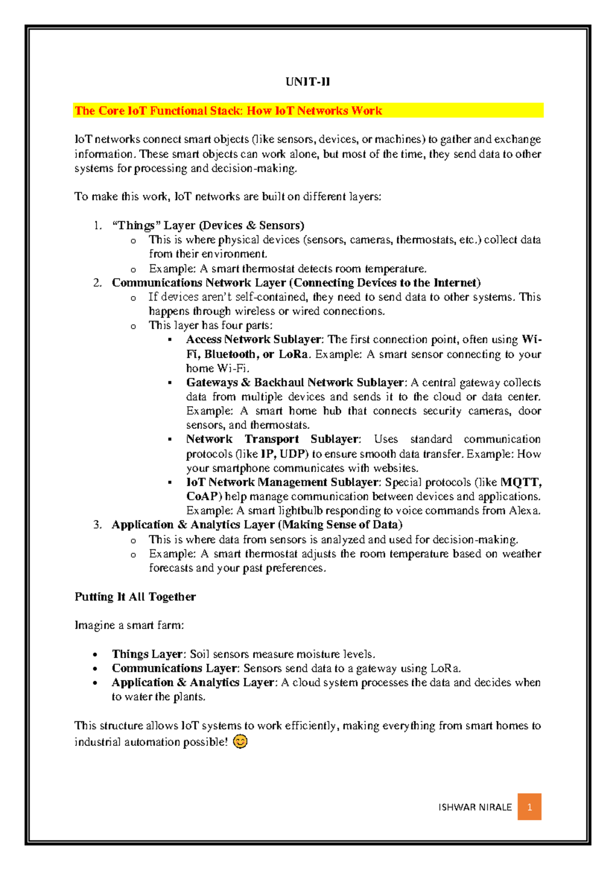 Unit 2 - Understanding the Core IoT Functional Stack - Studocu
