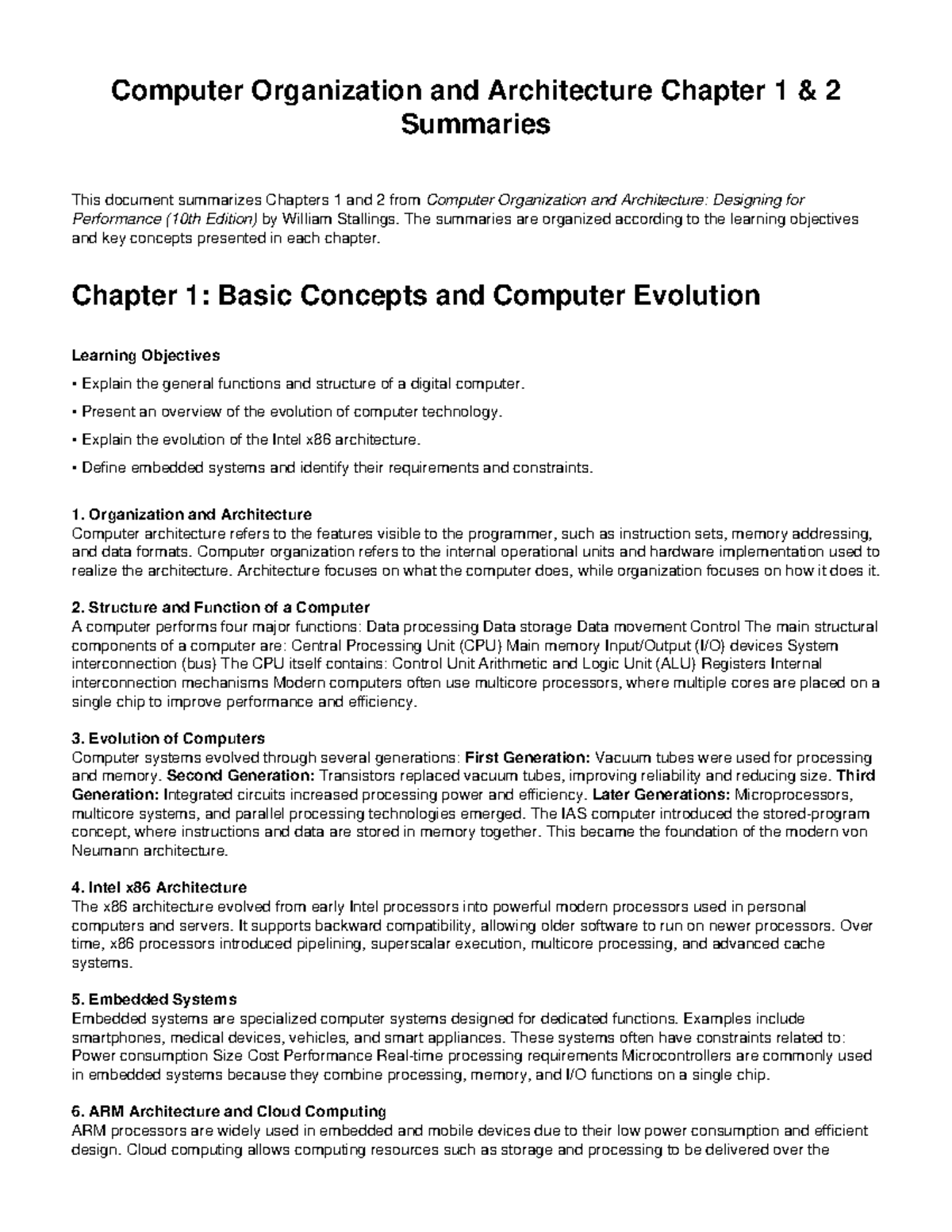 Computer Organization and Architecture: Ch. 1 & 2 Summaries - Studocu
