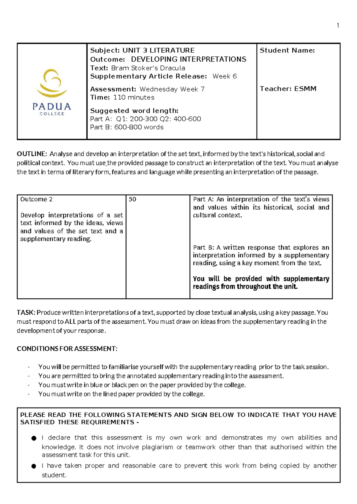 Unit 3 Literature: Developing Interpretations of Dracula - AOS2 - Studocu