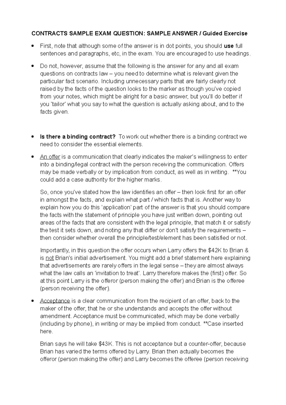 Contracts Law Exam Sample Answer Guide: Elements & Analysis - Studocu