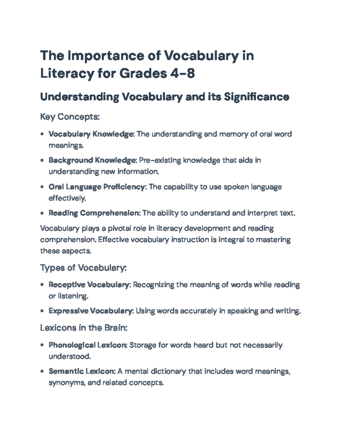 Enhancing Literacy: The Role of Vocabulary in Grades 4-8 - The ...