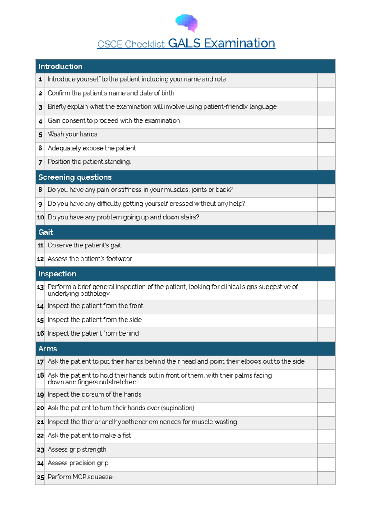 OSCE Checklist for GALS Examination Procedure and Assessment - Studocu