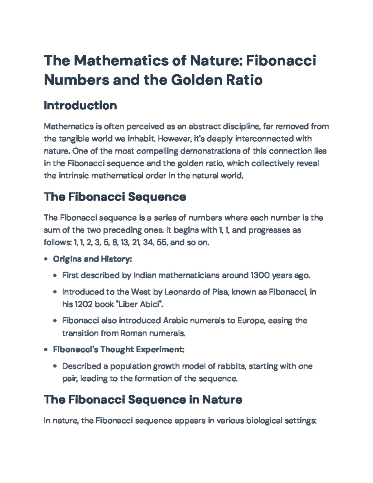Mathematics in Nature: Fibonacci Sequence & Golden Ratio Summary - Studocu