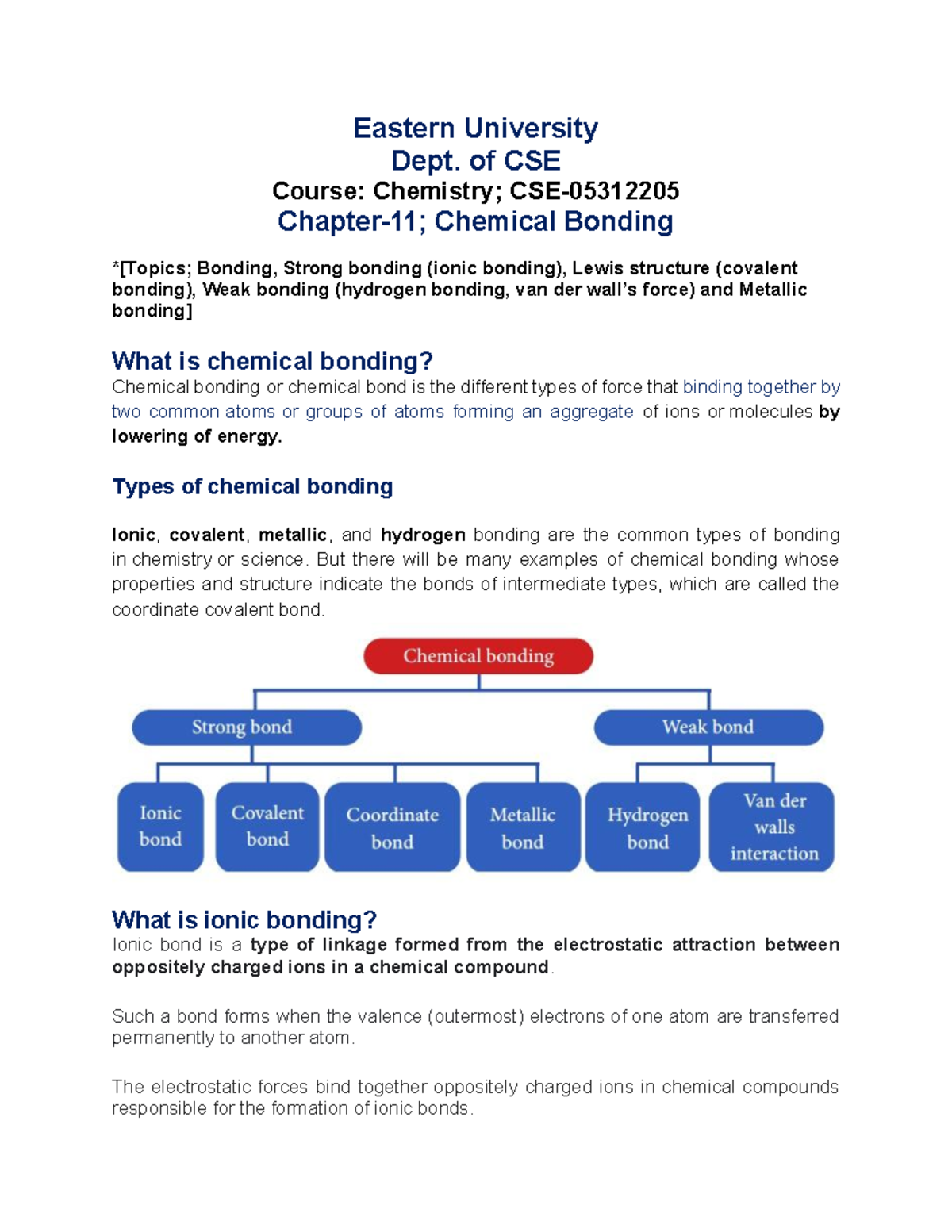 EU Chem; Chapter 11: Understanding Chemical Bonding Types - Studocu