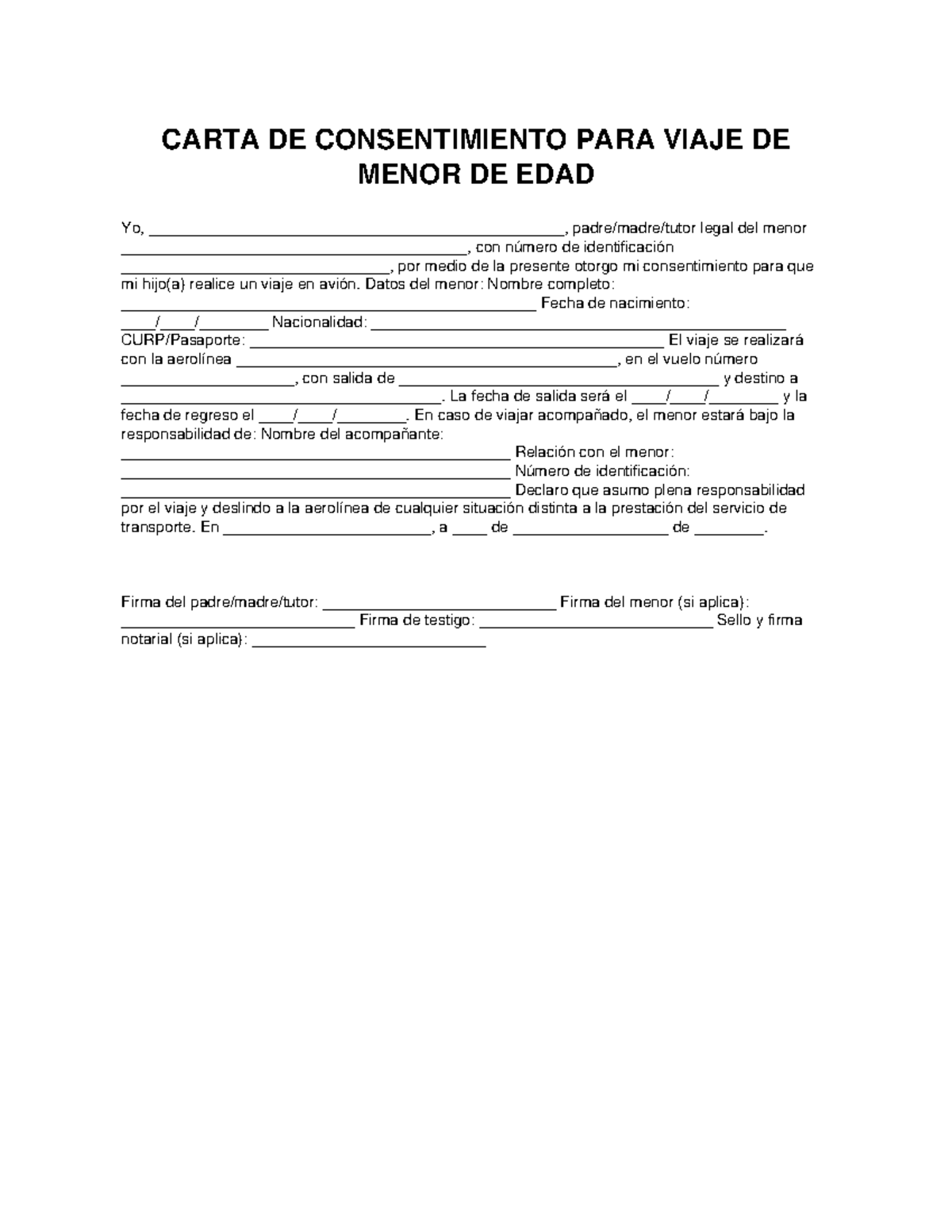 CARTA DE CONSENTIMIENTO PARA VIAJE DE MENOR DE EDAD - Studocu