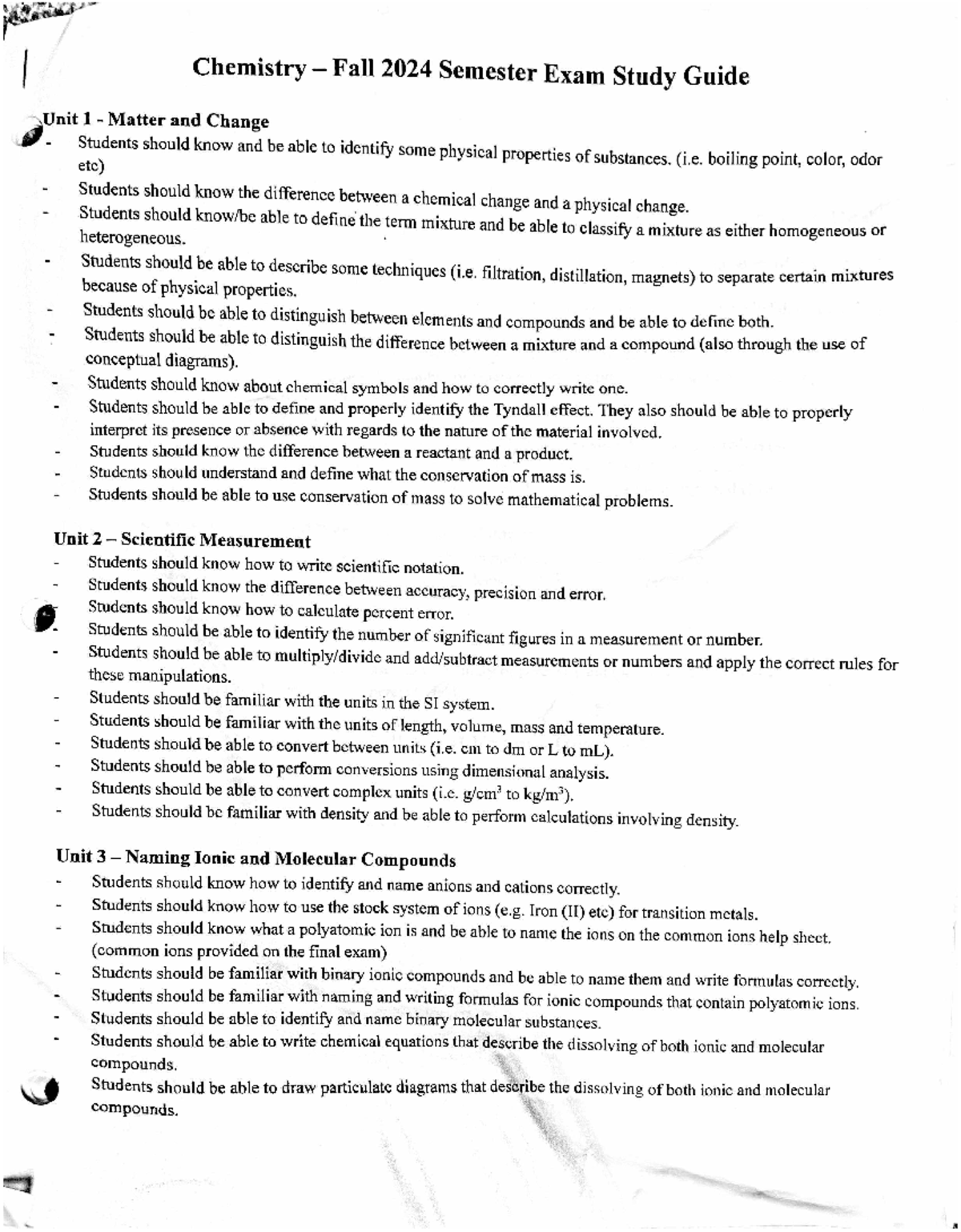 Final Exam Study Guide for Course Code ABC 123 - Chemistry Fall 2024 ...