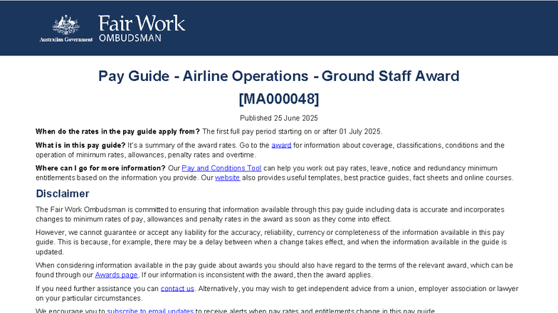 Pay Guide for Airline Operations Ground Staff (MA000048) - Effective 1 ...