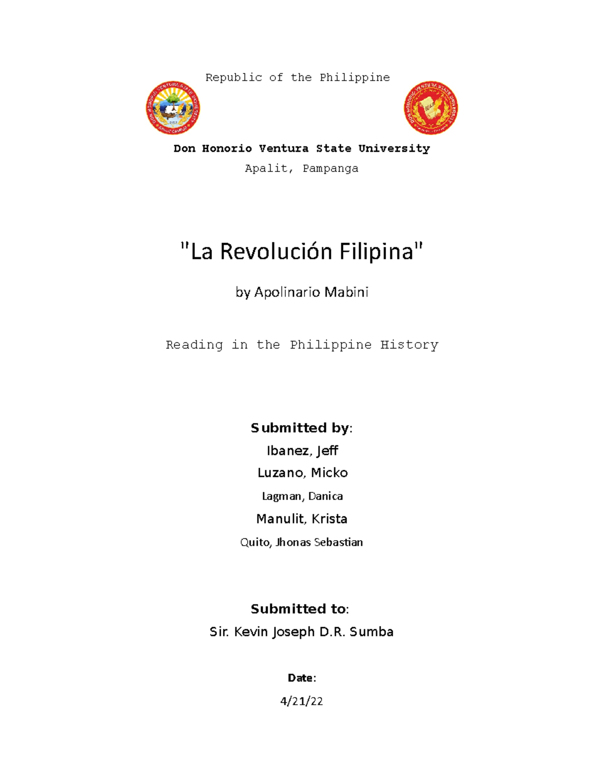 La revolucion - Jdjdjw - Republic of the Philippine Don Honorio Ventura ...