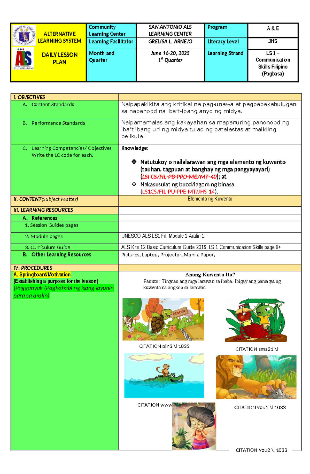 LS1 Fil. DLP-JHS: Daily Lesson Plan on Story Elements - Studocu