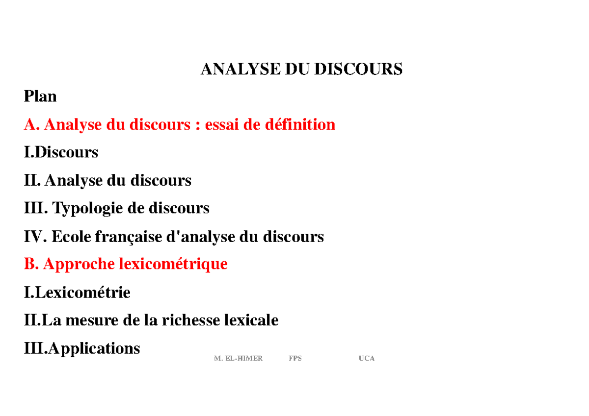 EF S5 Analyse du discours Cours Séance N°1 - ANALYSE DU DISCOURS Plan A ...