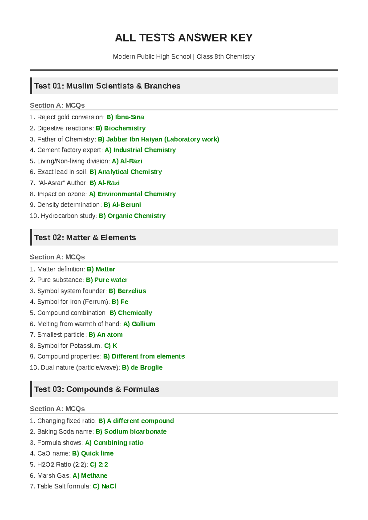 Chemistry Tests Answer Key: Class 8th MCQs (Tests 01-03) - Studocu