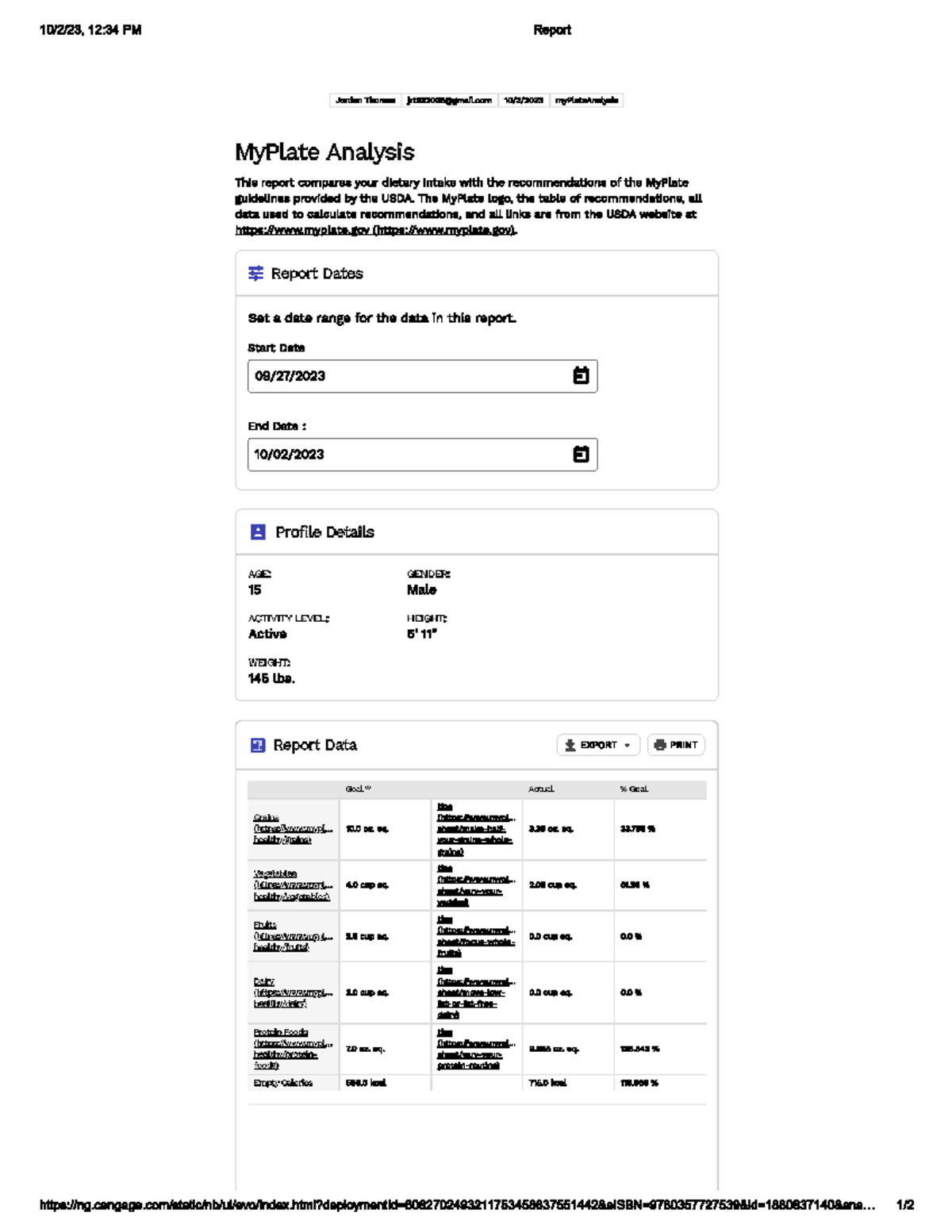 Aa - Nothing - 12:34 PM Report Jordan Thomas myPlateAnalysis MyPlate Analysis This report ...