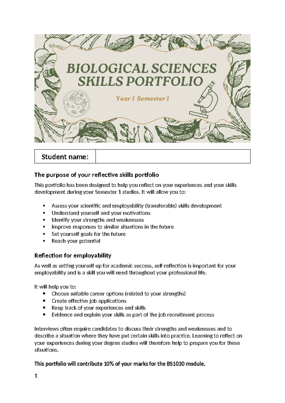BS1030 Reflective Skills Portfolio: Semester 1 Development 2025-26 ...
