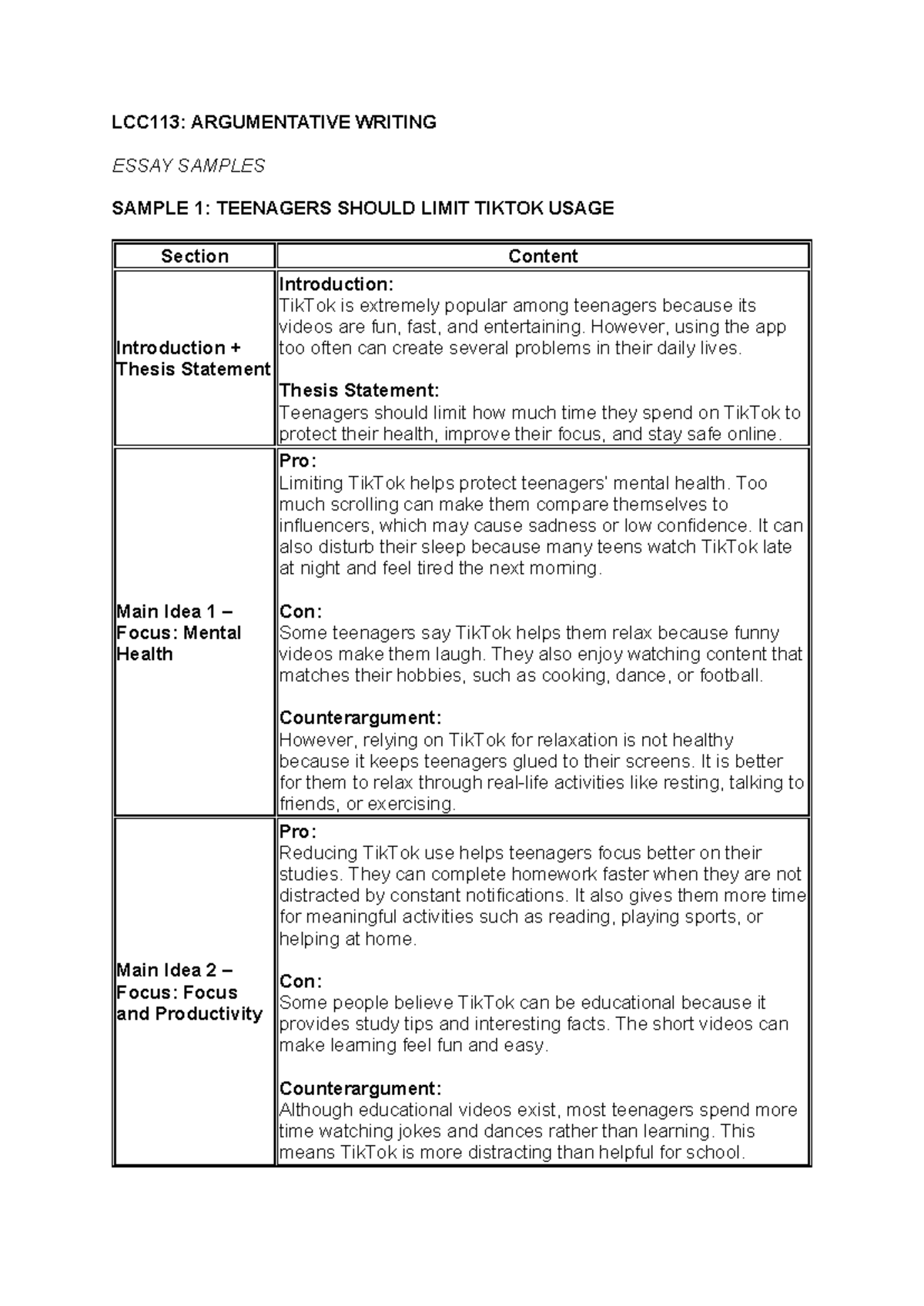 LCC113: Argumentative Essay Samples on Teen Health Issues - Studocu