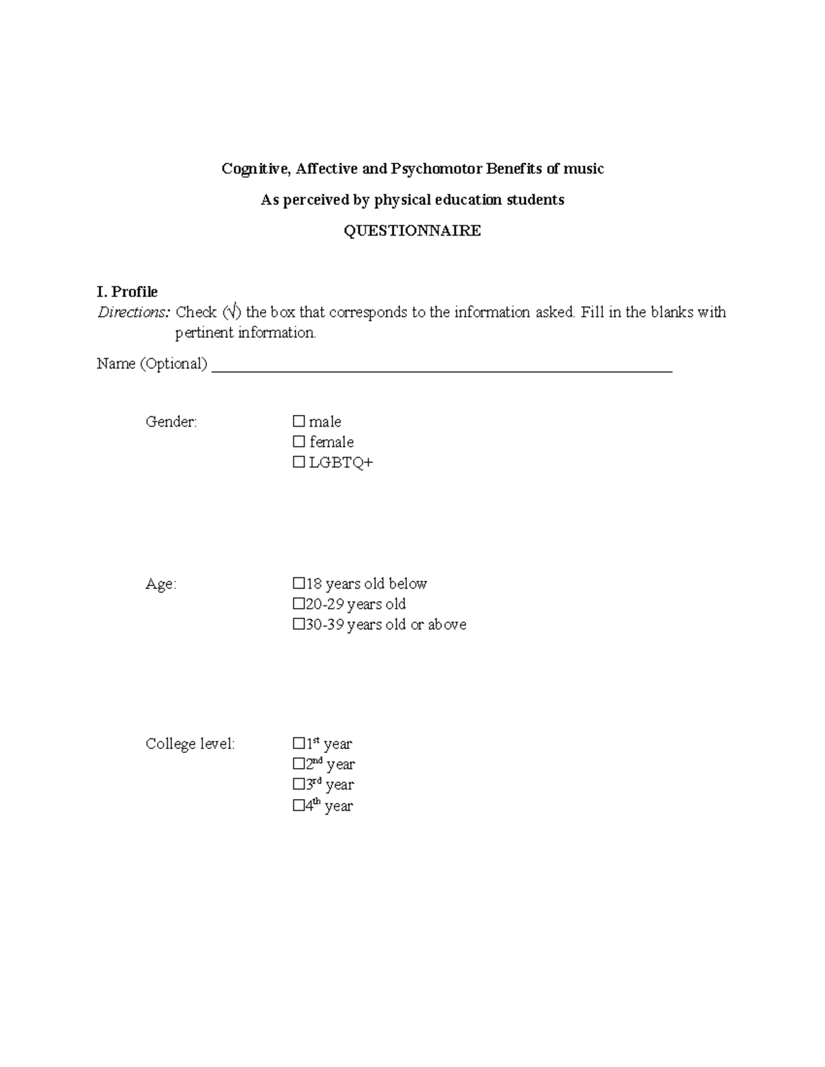 Benefits in music questionnaire - Cognitive, Affective and Psychomotor ...