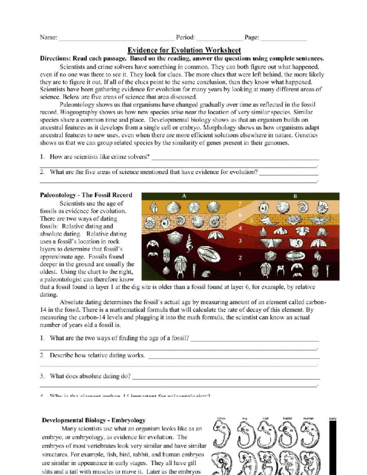 Evidence for Common Ancestry: Evolution Worksheet (Bio 101) - Studocu