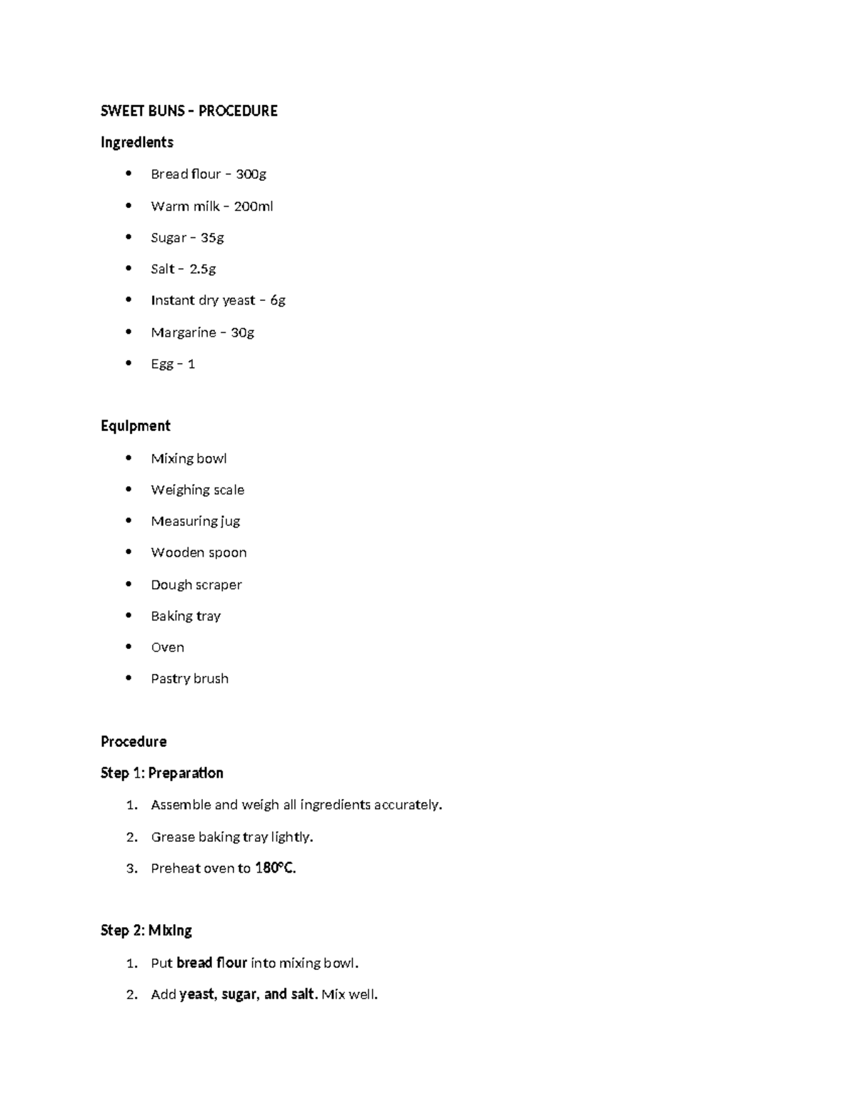 SWEET BUNS Procedure - Recipe Notes for Baking - Studocu