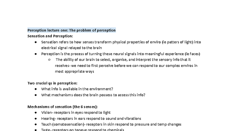 PSY101 Lecture 1: Understanding the Problem of Perception - Studocu