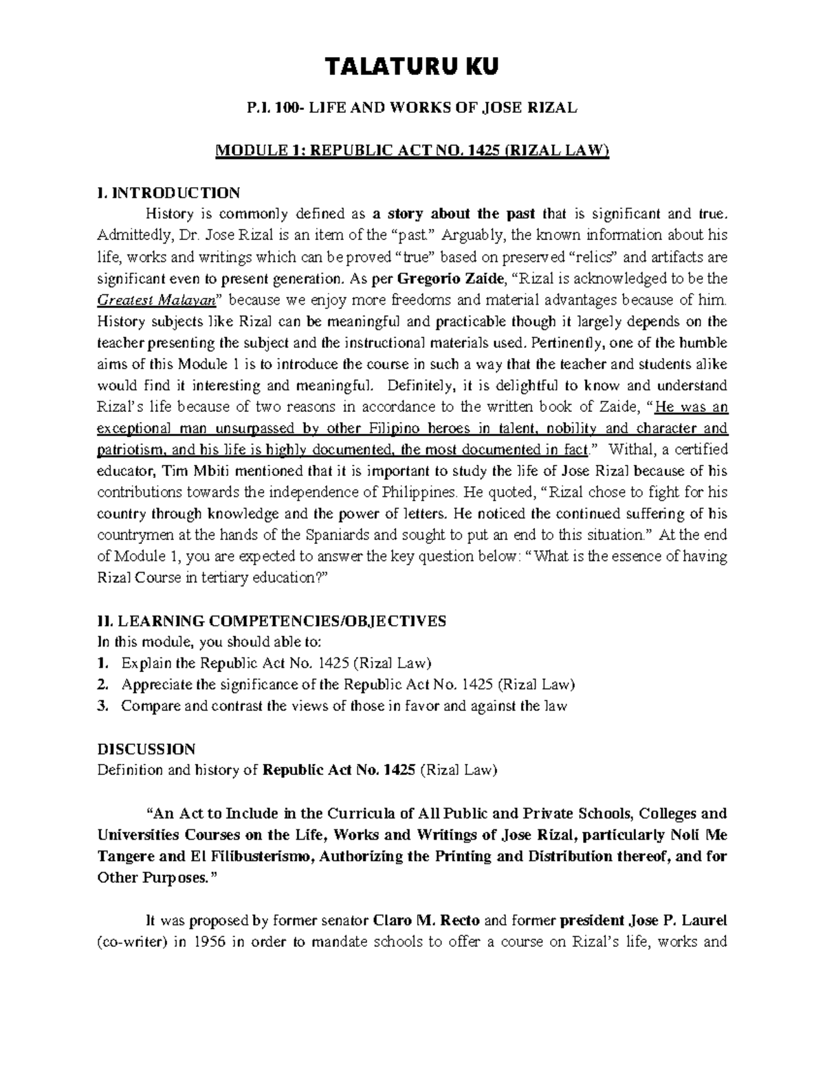 LIFE AND WORKS OF DR. JOSE P. RIZAL: MODULE 1 - RIZAL LAW OVERVIEW ...
