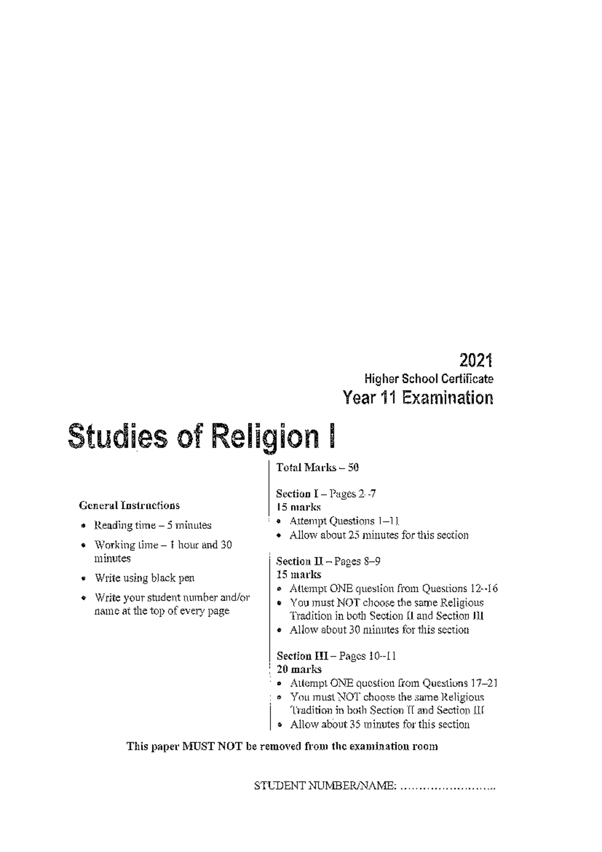 1U 2021 HSC Year 11 Studies of Religion I Exam Paper - Studocu