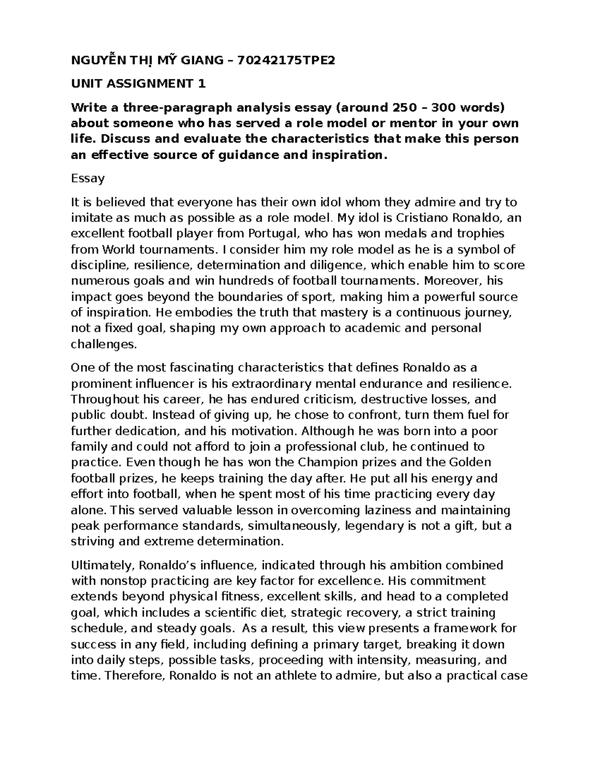 UNIT Assignment 1 RW3 2112: Analysis of My Role Model Cristiano Ronaldo ...