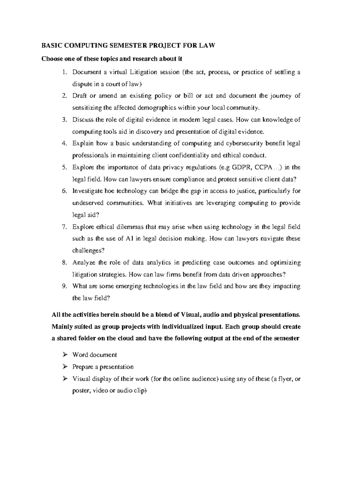 Semester Project-LAW - BASIC COMPUTING SEMESTER PROJECT FOR LAW Choose ...