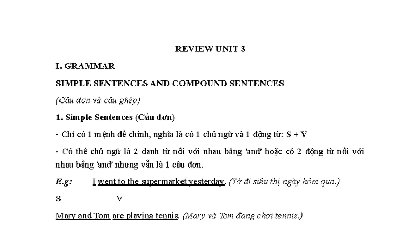 REVIEW UNIT 3: SIMPLE AND COMPOUND SENTENCES (Câu đơn và câu ghép ...