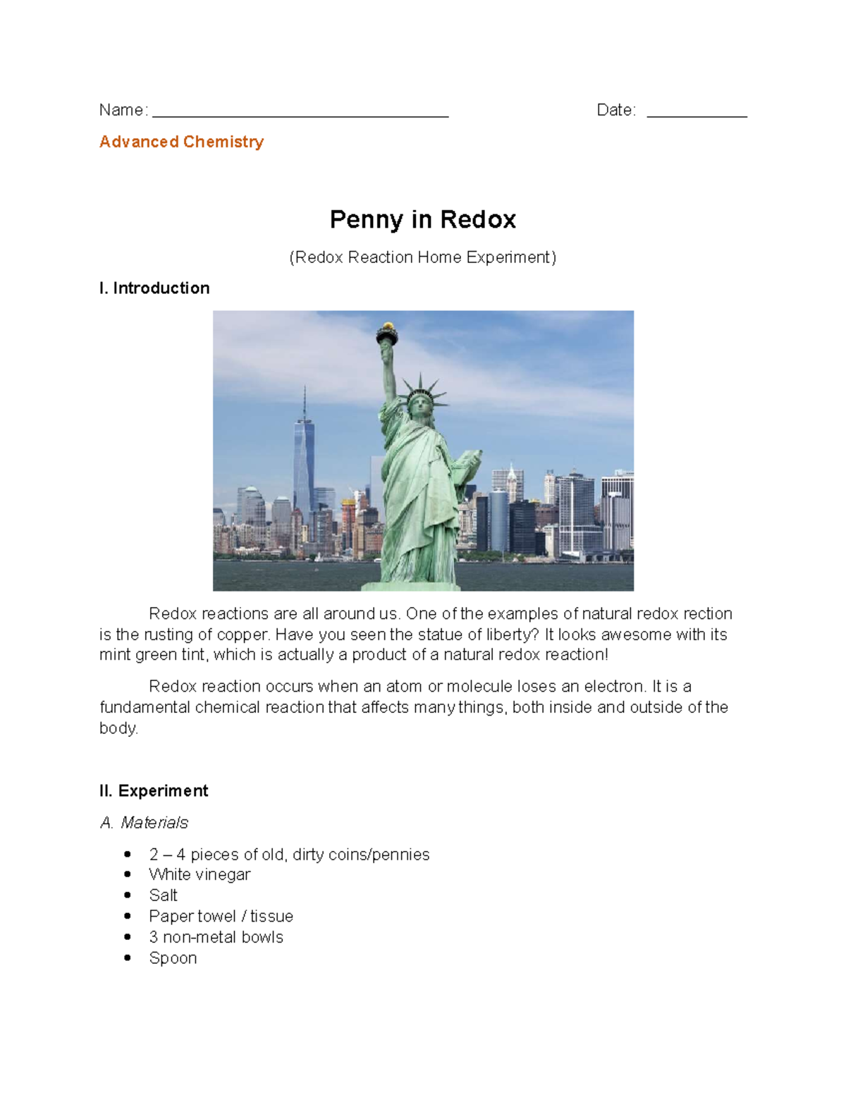 Redox Reactions: Experimenting with a Penny (Chem 101 Lab) - Studocu