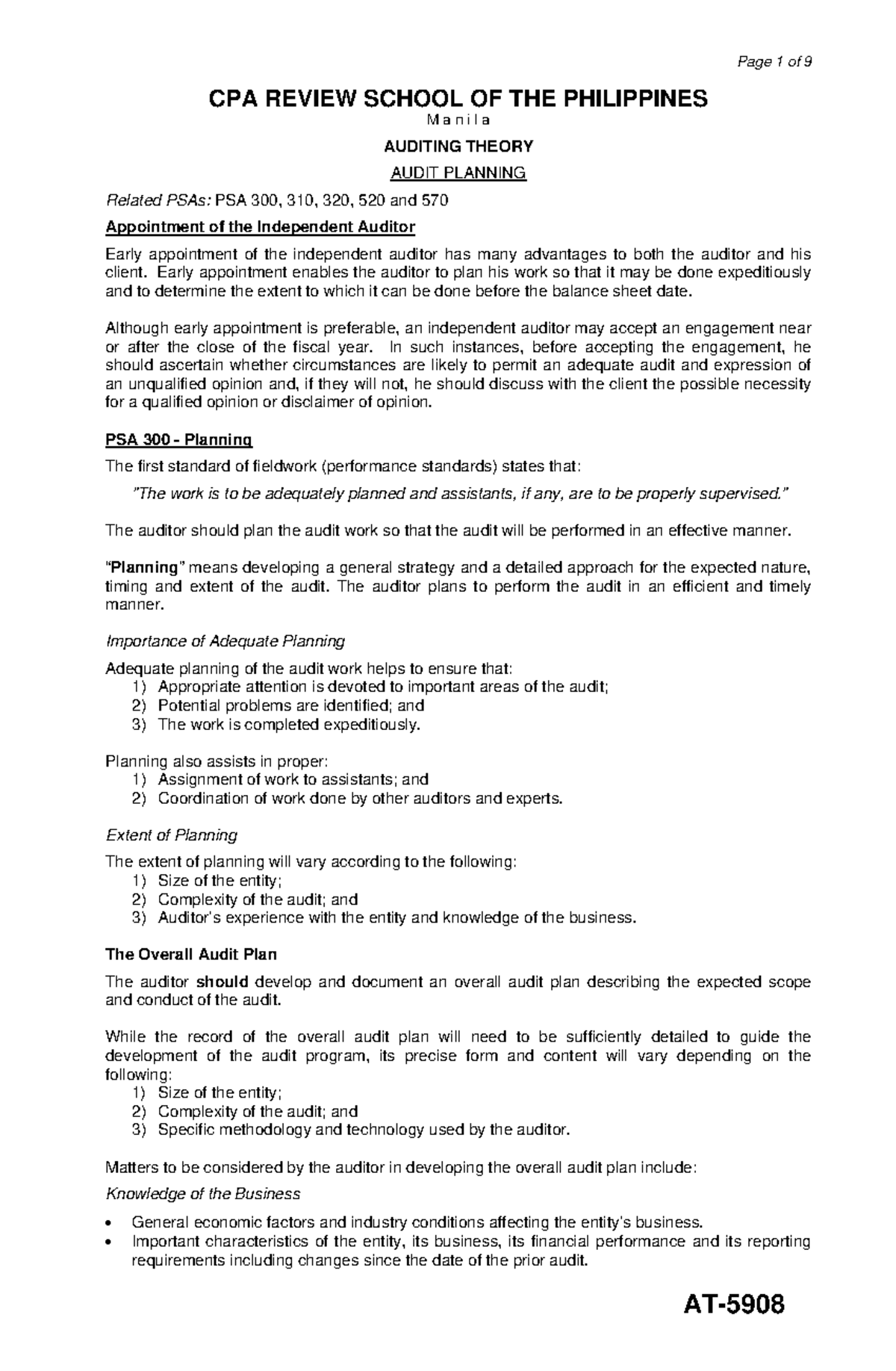 CPAR Auditing Theory: Effective Audit Planning (PSA 300) Insights - Studocu