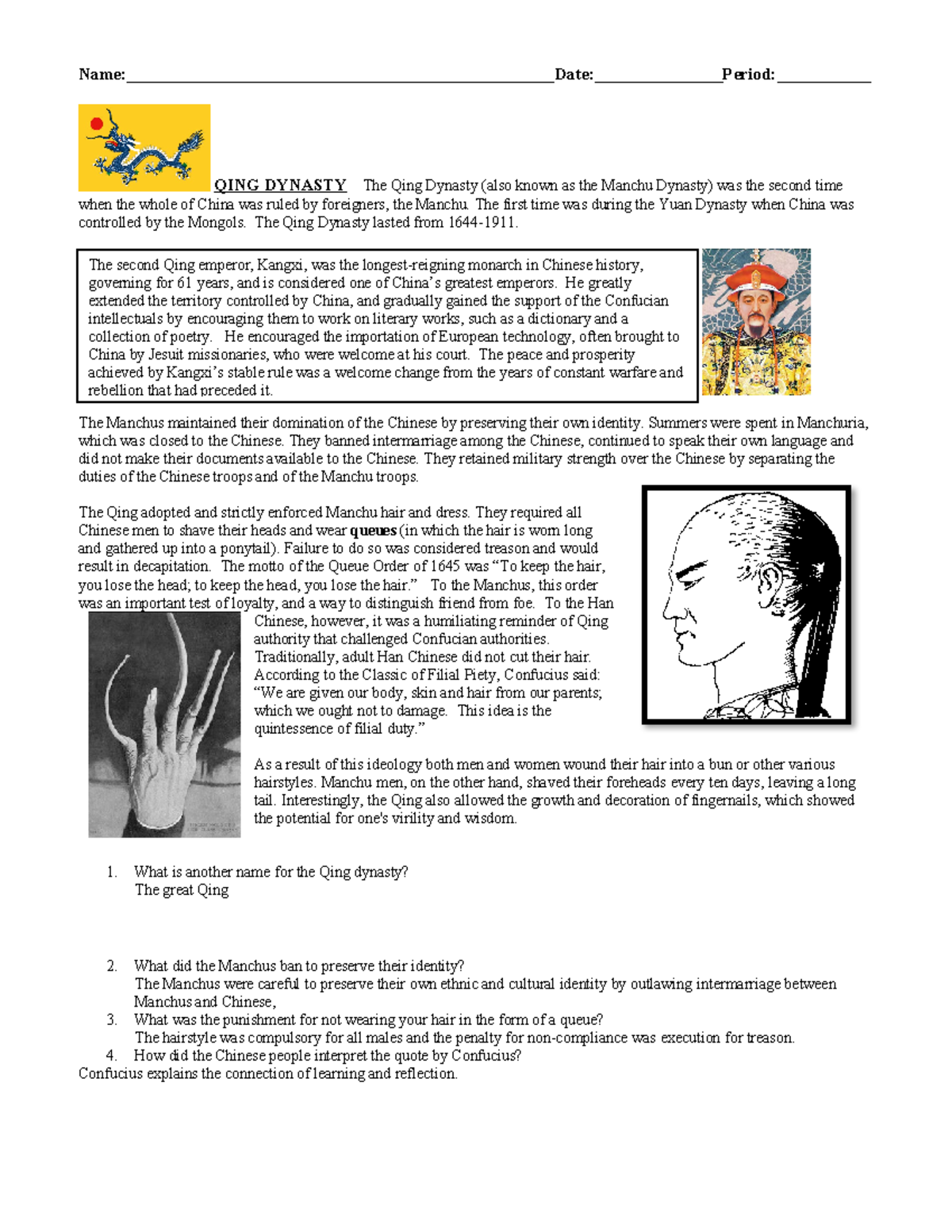 Qing Dynasty Worksheet - Name ...