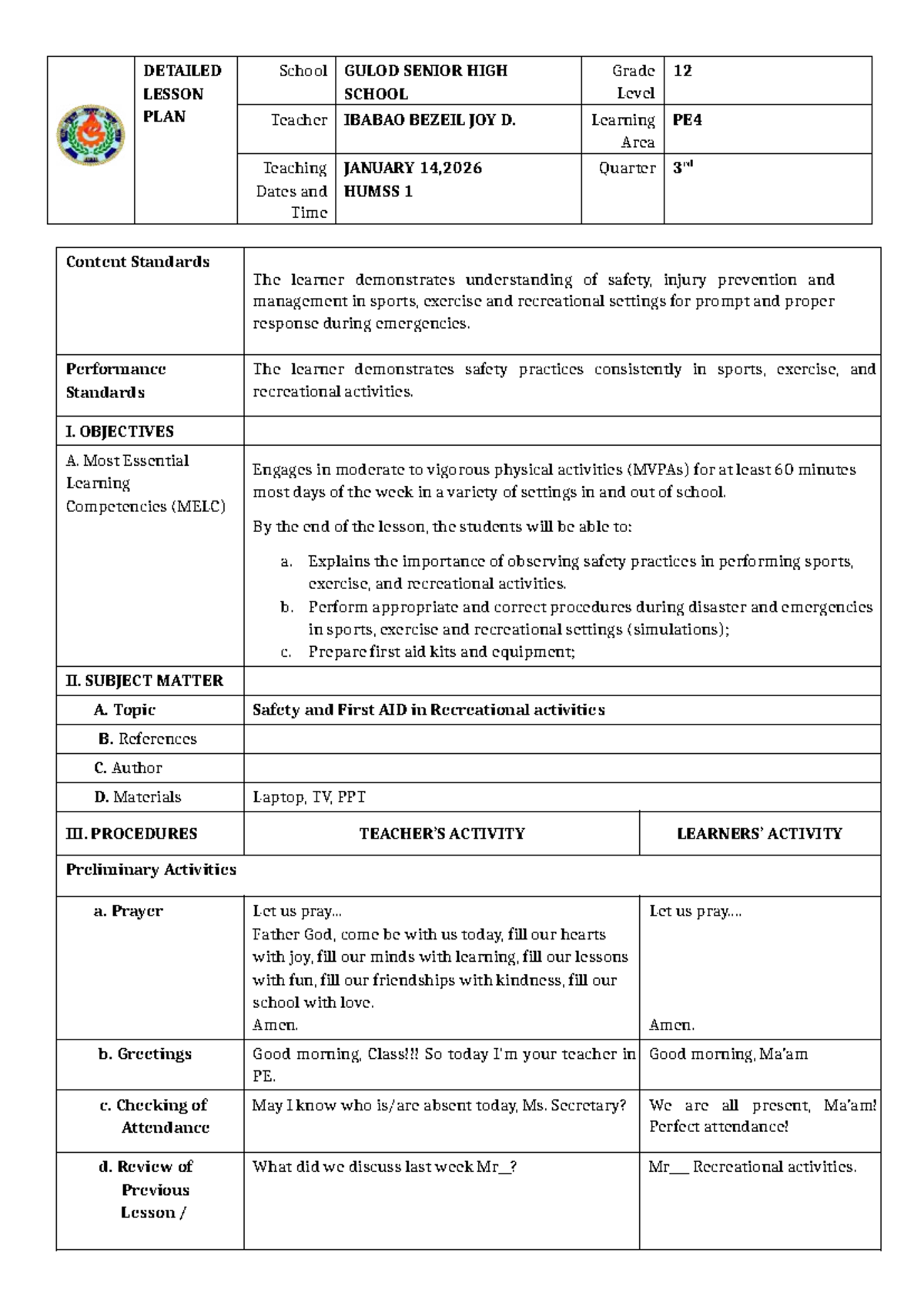 Detailed Lesson Plan: Safety & First Aid in PE4 (Grade 12, HUMSS) - Studocu