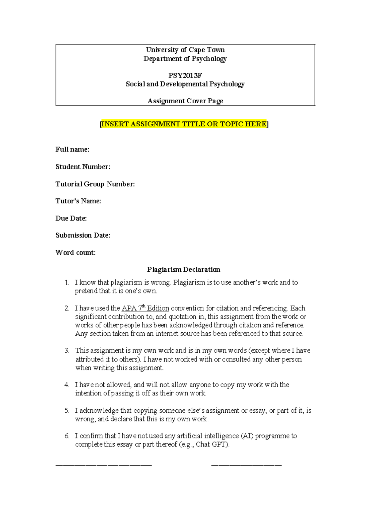 PSY2013F Social & Developmental Psychology Assignment Cover Page 2024 ...