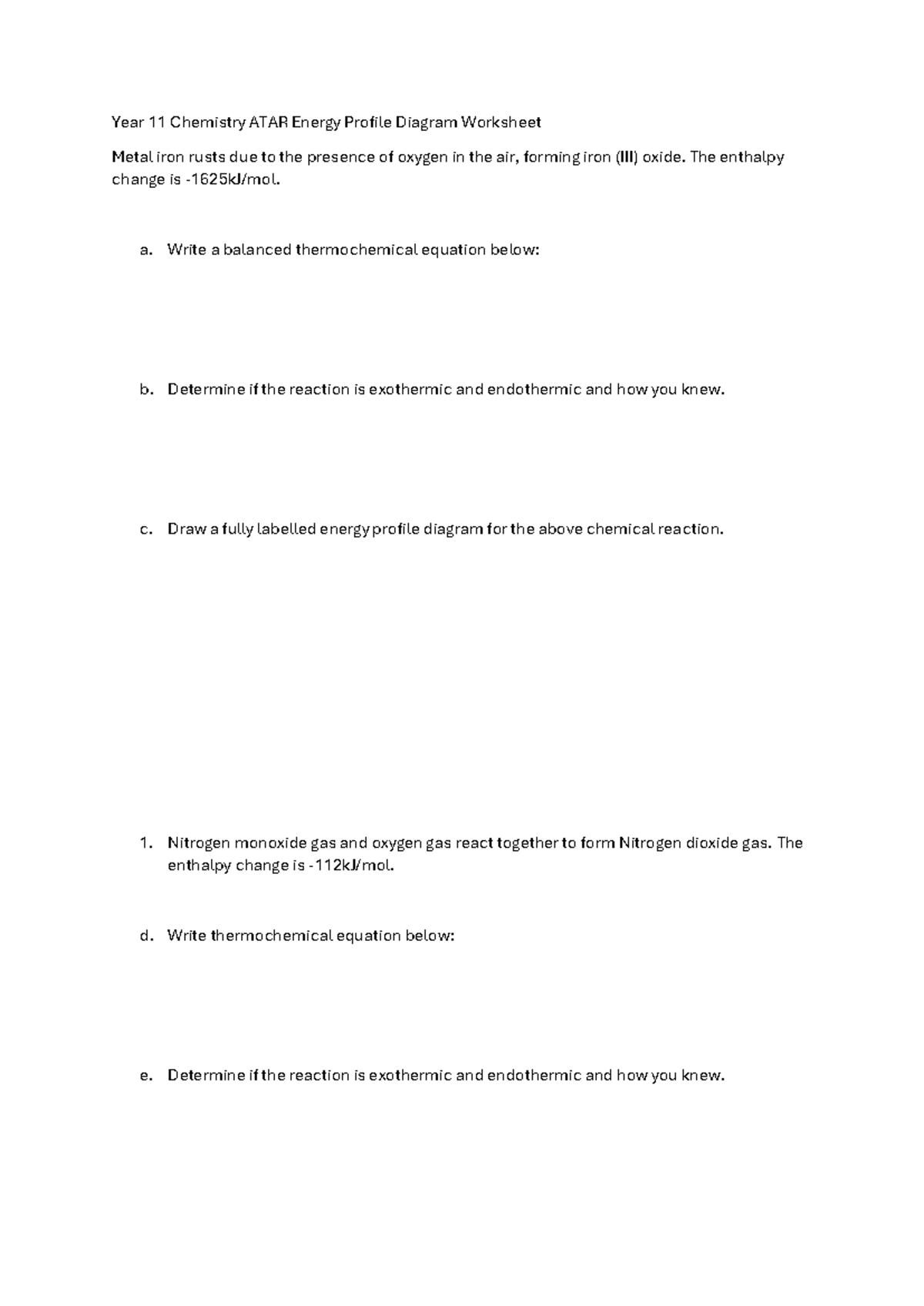 Year 11 Chemistry ATAR Energy Profile Diagrams & Thermochemical ...